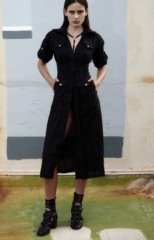 PRE ORDER 6 Pocket Safari Stud Dress - Black - KITX